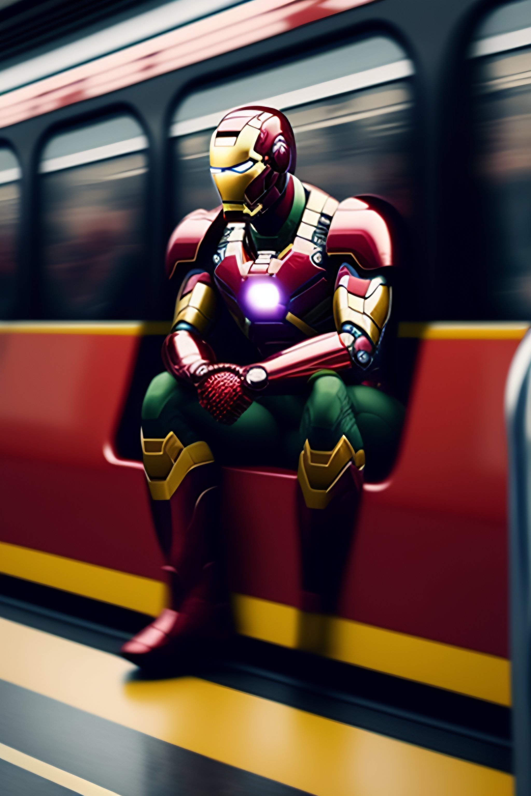 Lexica - Iron Man sitting in the London Underground train during rush ...