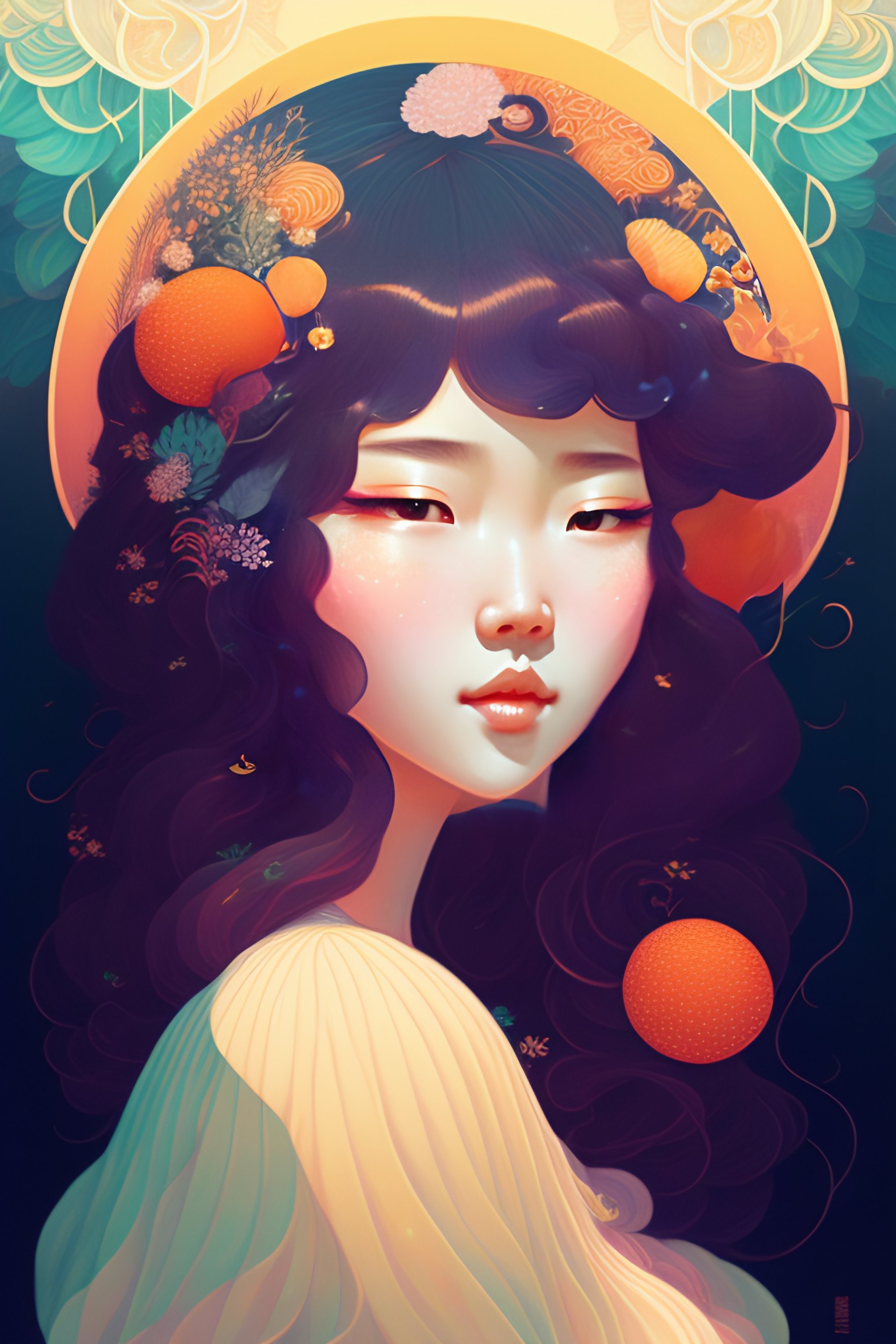 Lexica - Beautiful cute front portrait Korean ninfa, big long curly ...