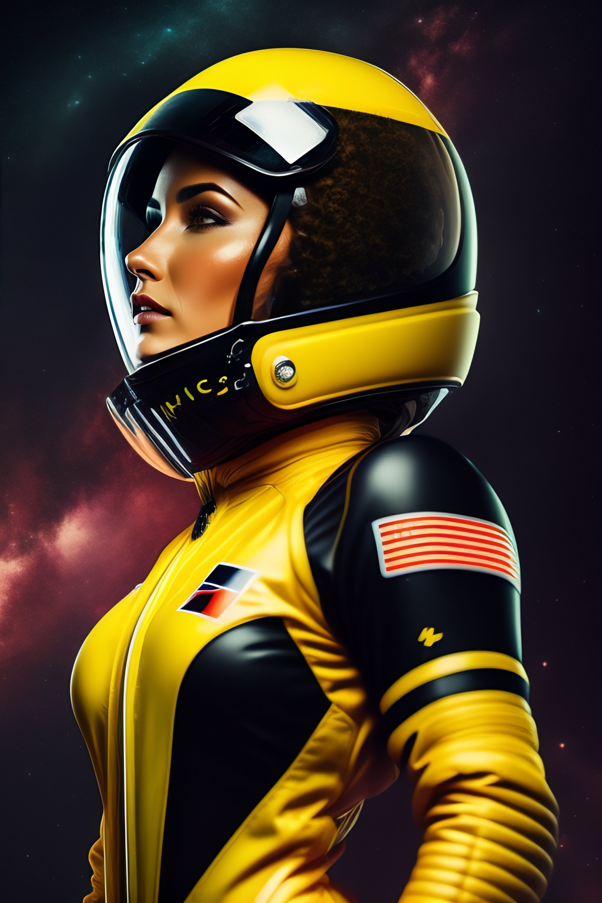 Lexica - Hot Spacegirl biting her lower lip in a black yellow spacesuit with future open helmet