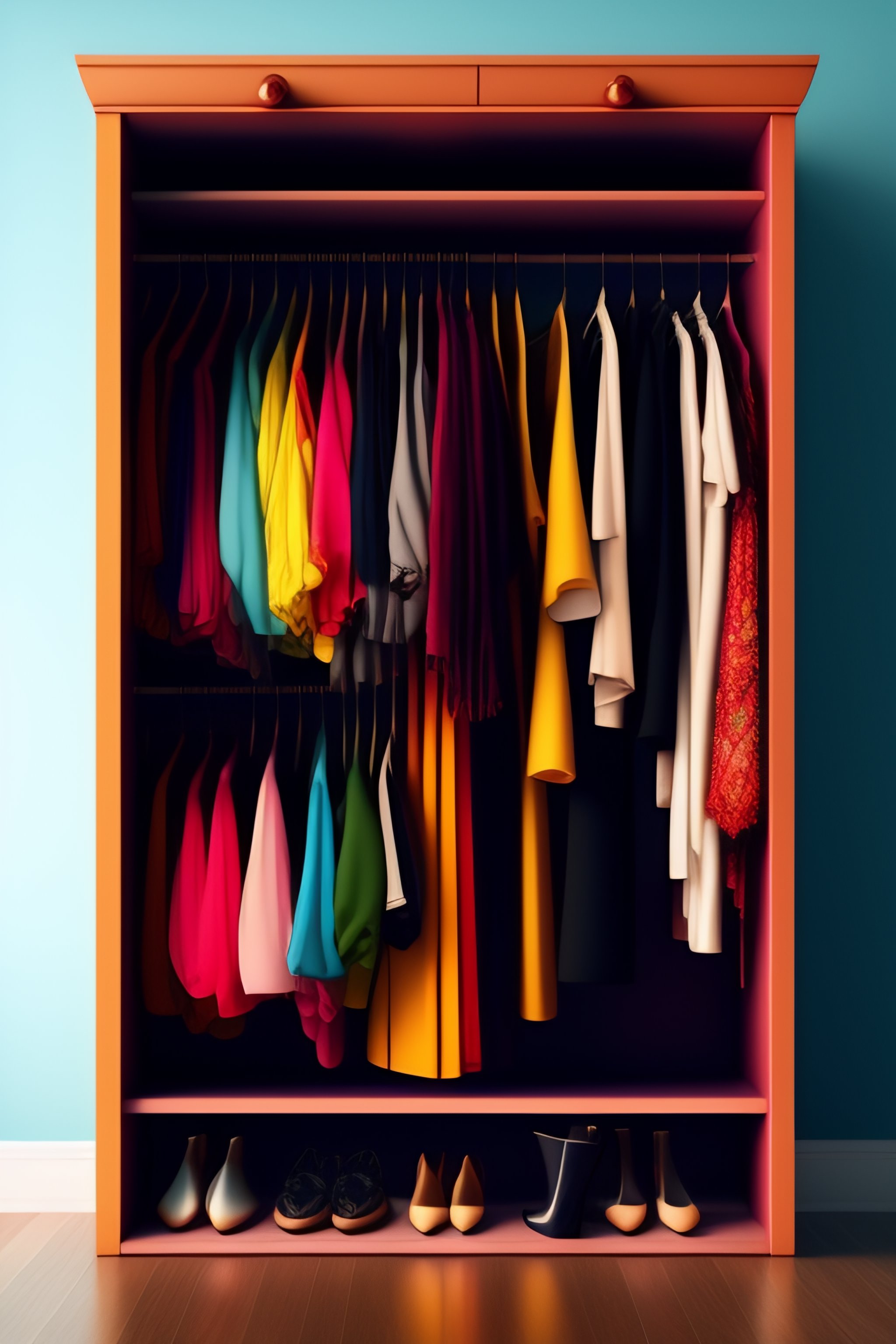 Lexica - Wardrobe full with clothes and shoes and umbrellas and scarfs