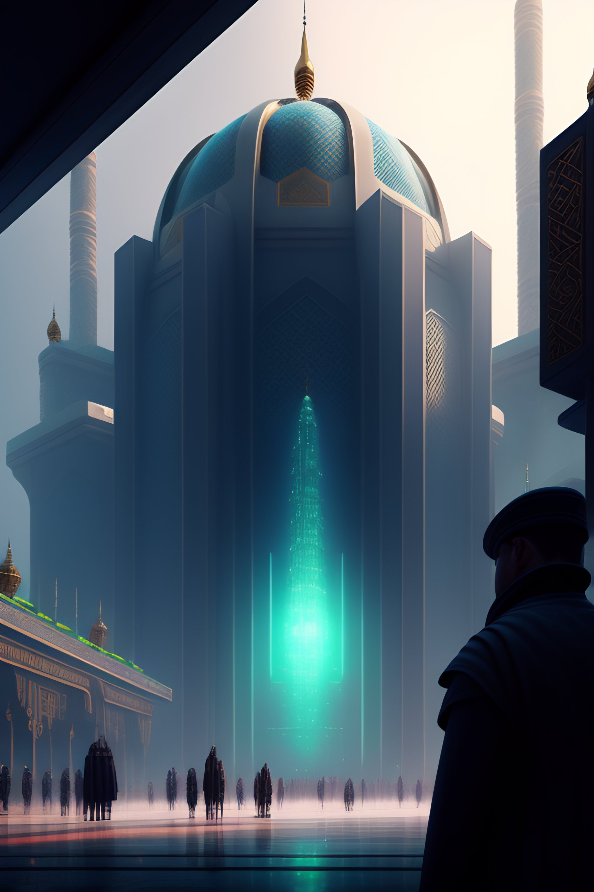 Lexica - Cyberpunk mosque in a dystopian future with crowds of people and pollution