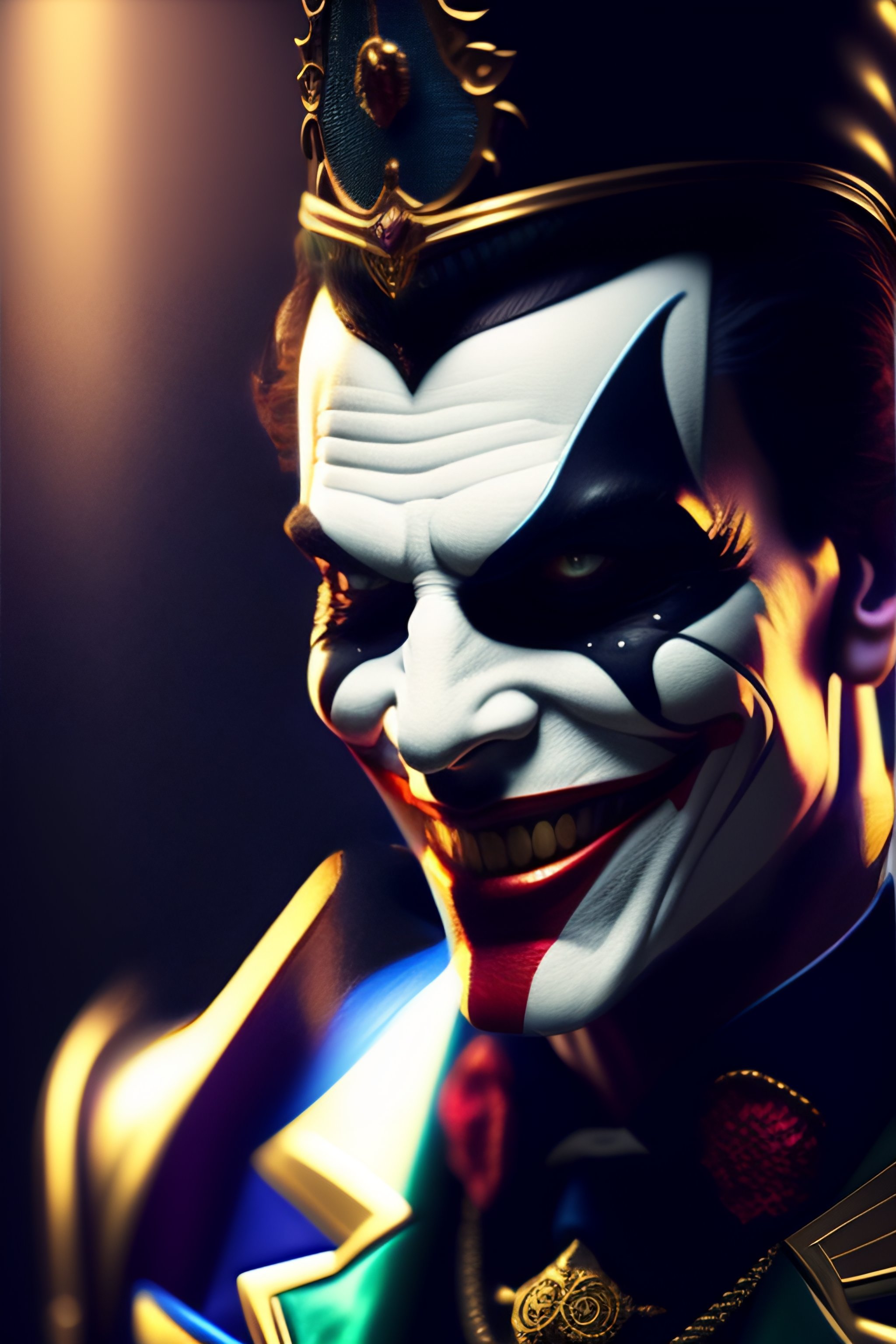 Lexica - A king joker, half face robotic, realistic, smok, large shot ...