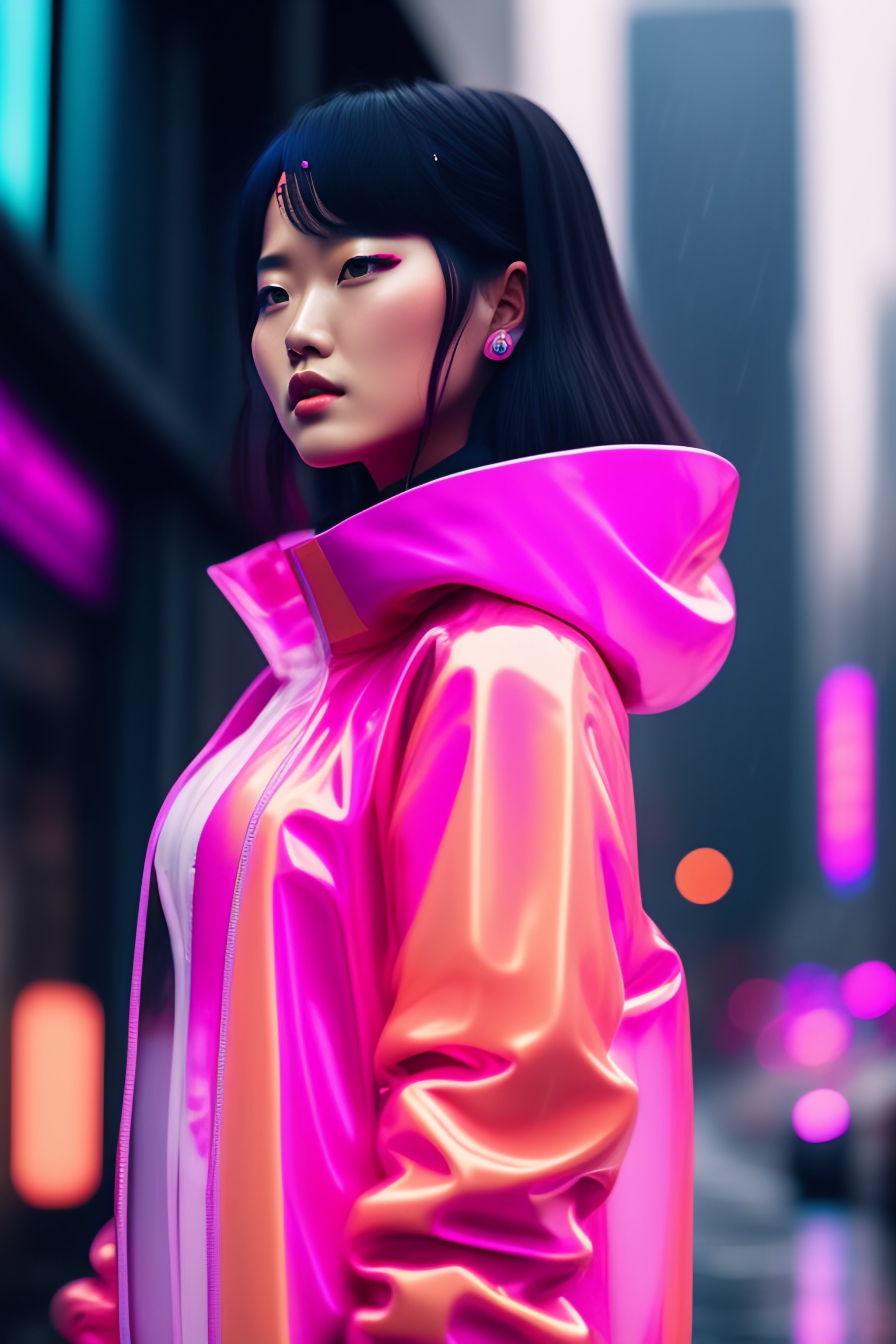 Lexica - Kaori from akira wearing a pink transparent raincoat, cyborg ...