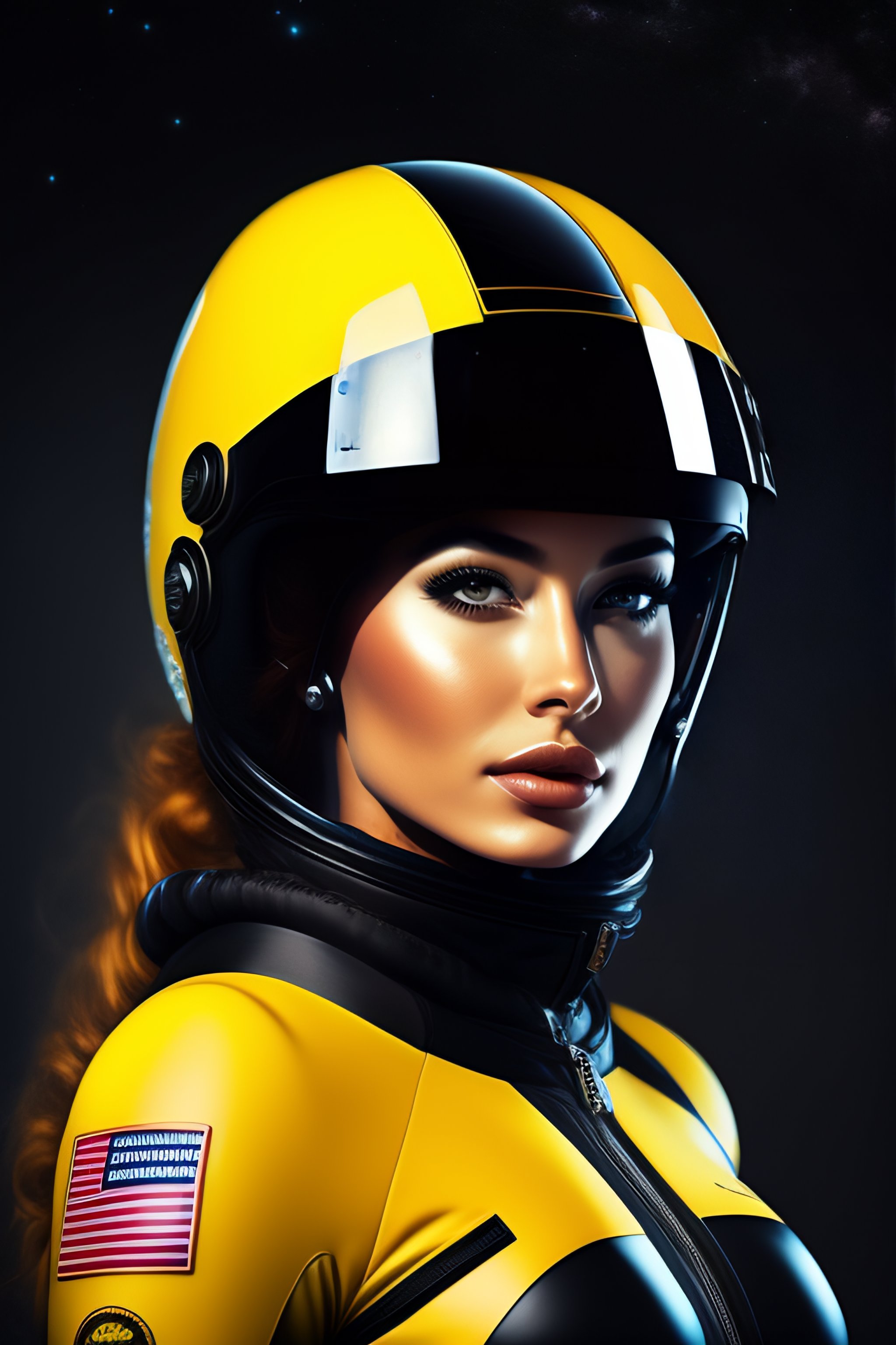 Lexica - Hot Spacegirl biting her lower lip in a black yellow spacesuit ...