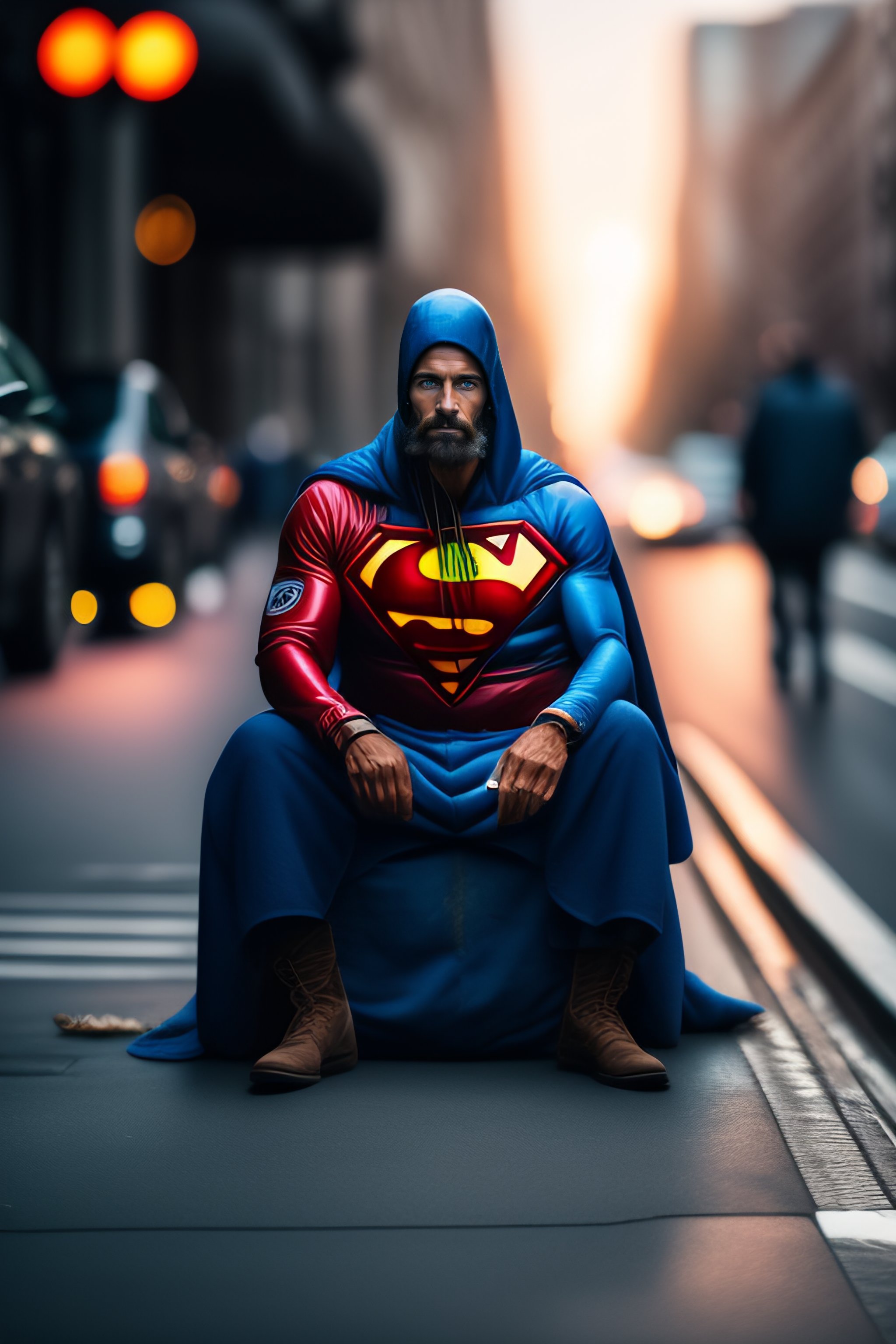 Lexica - Homeless person sitting on the street that looks like superman ...