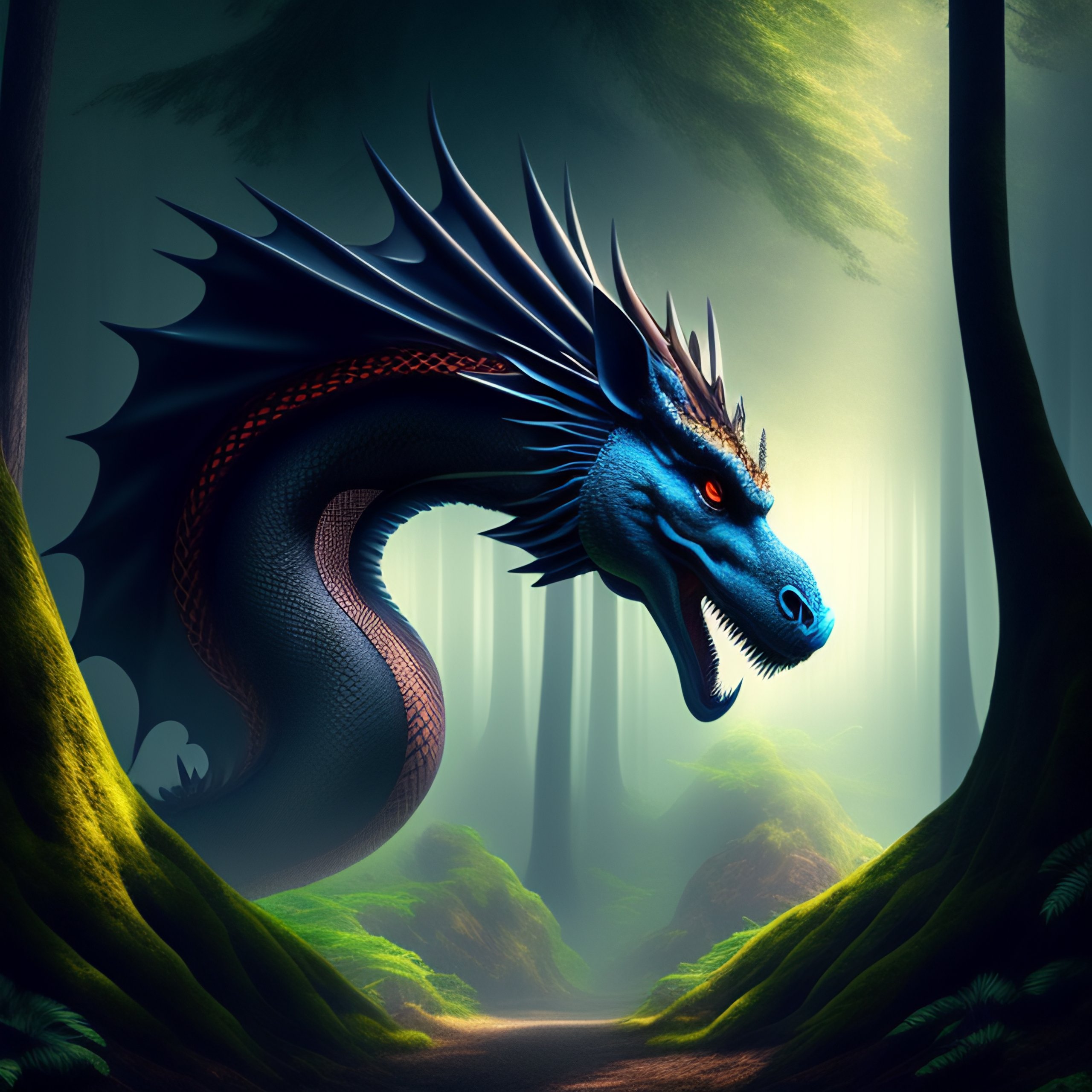 Lexica - Un dragon qui vole au dessus d'une foret magique