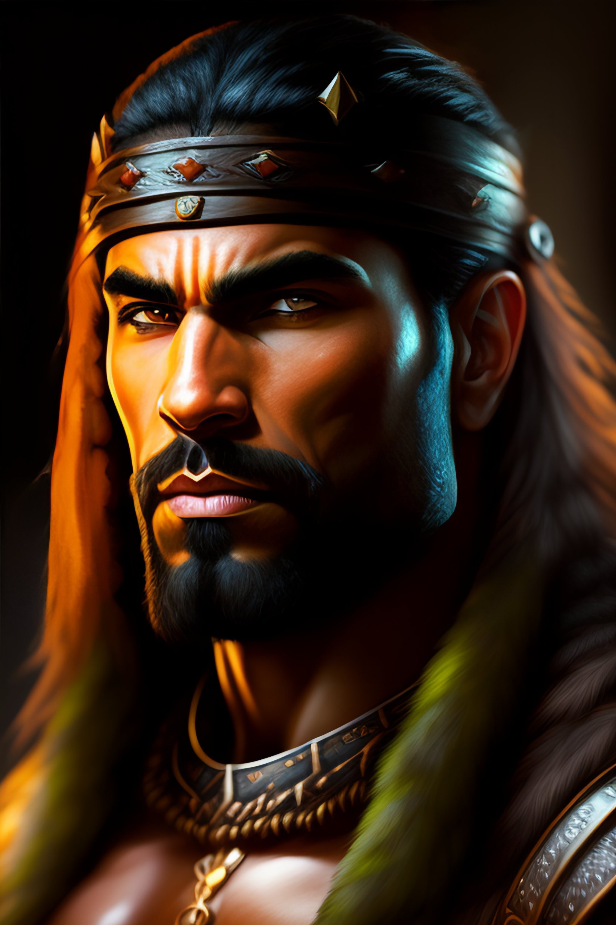 Lexica - Human barbarian oil painting with orcish face and olive skin d ...