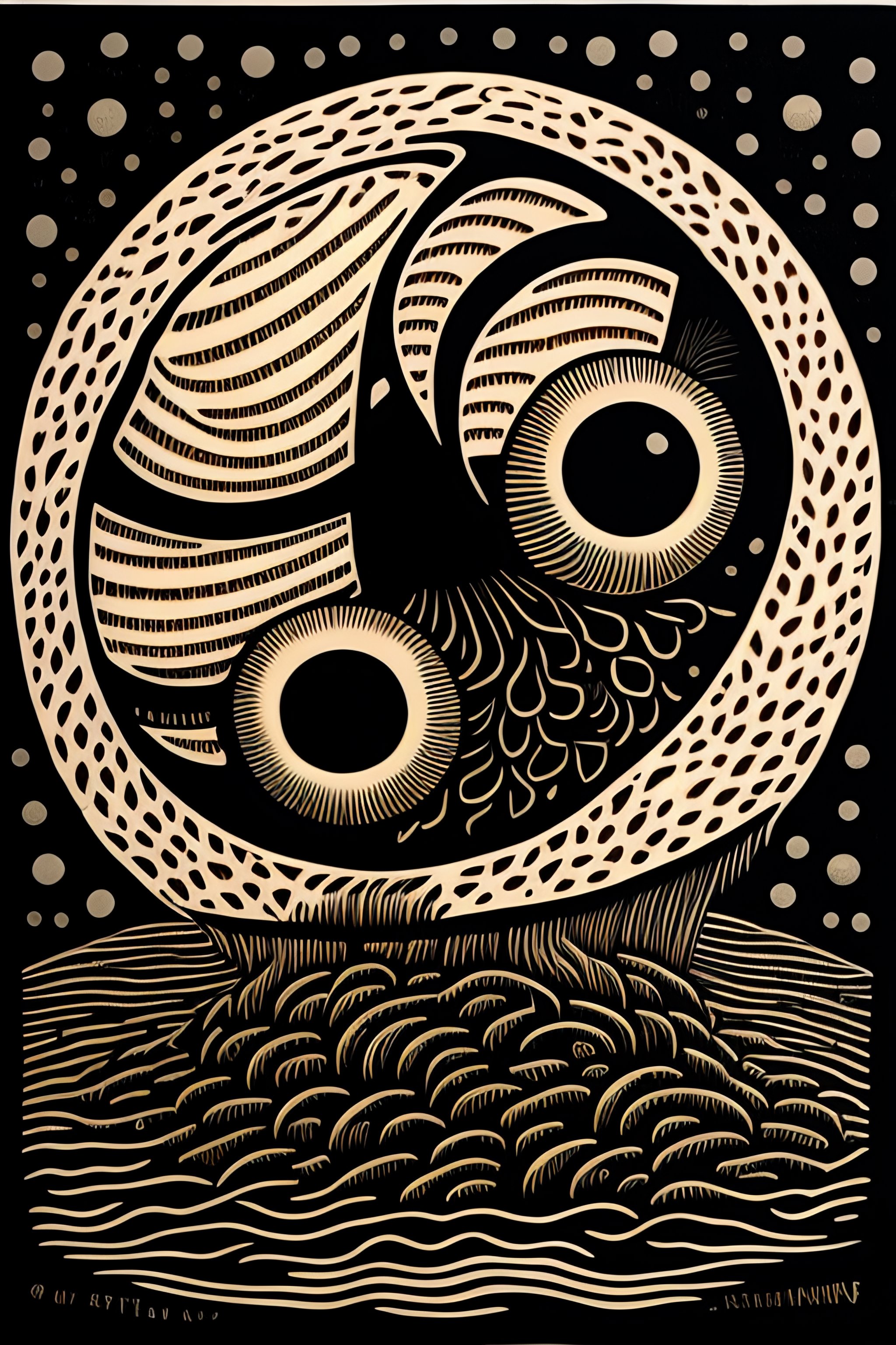 Lexica - An award winning linocut of a A round monster with many eyes