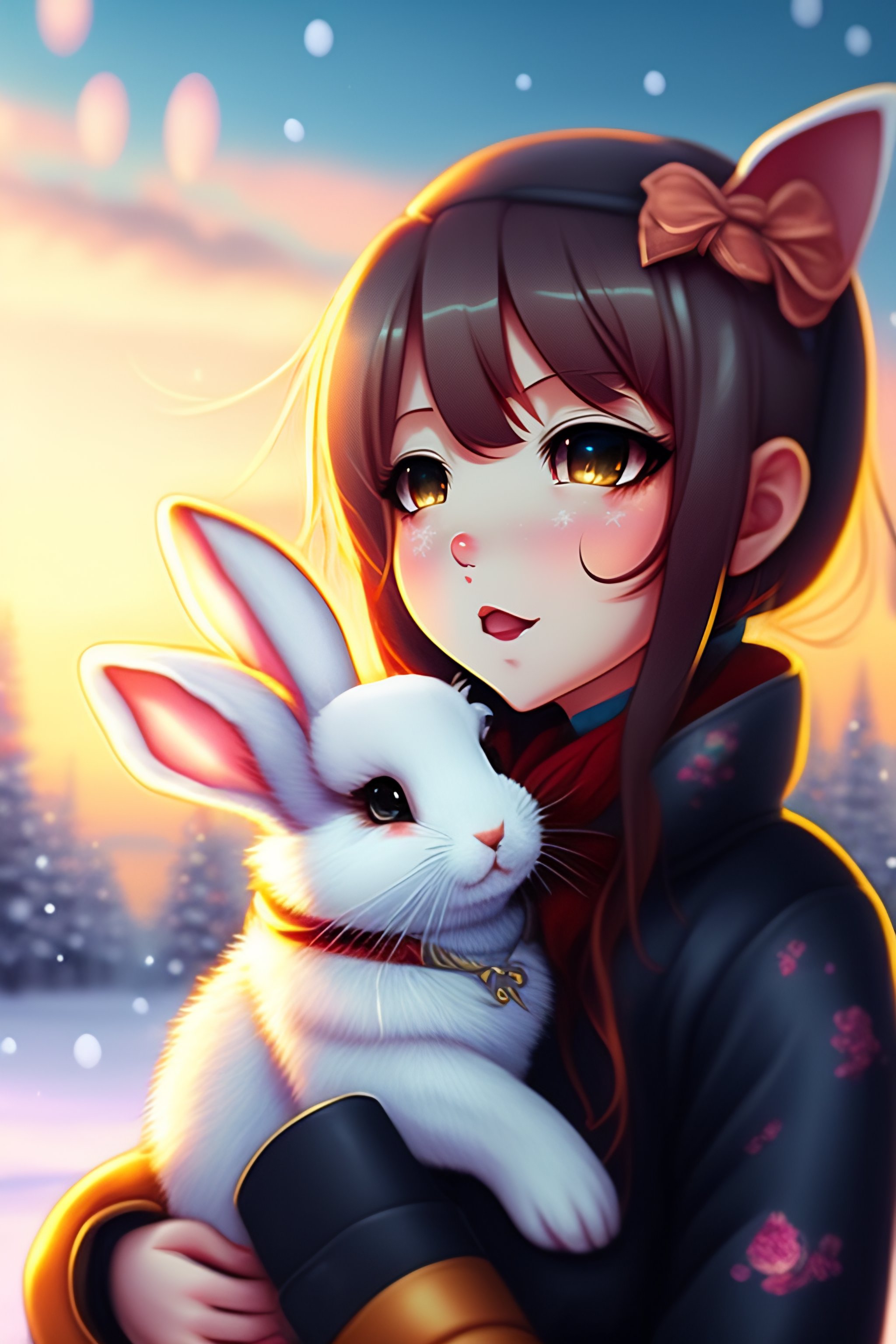 Lexica - Anime stYle, bunny, Detail art, Hugging girl and Bunny, snow ...