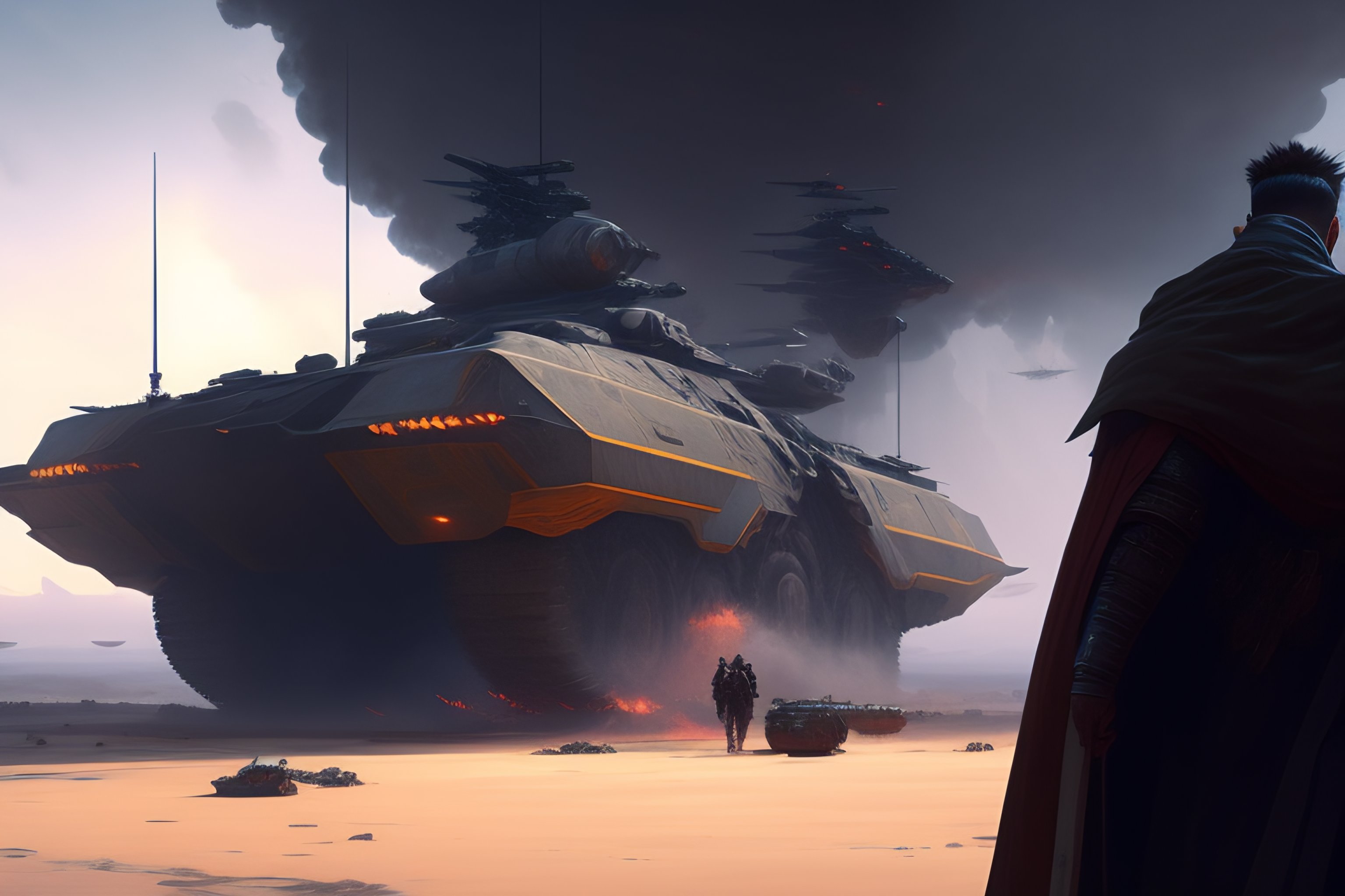 Lexica - Dramatic war scene, art by greg rutkowski, cyberpunk