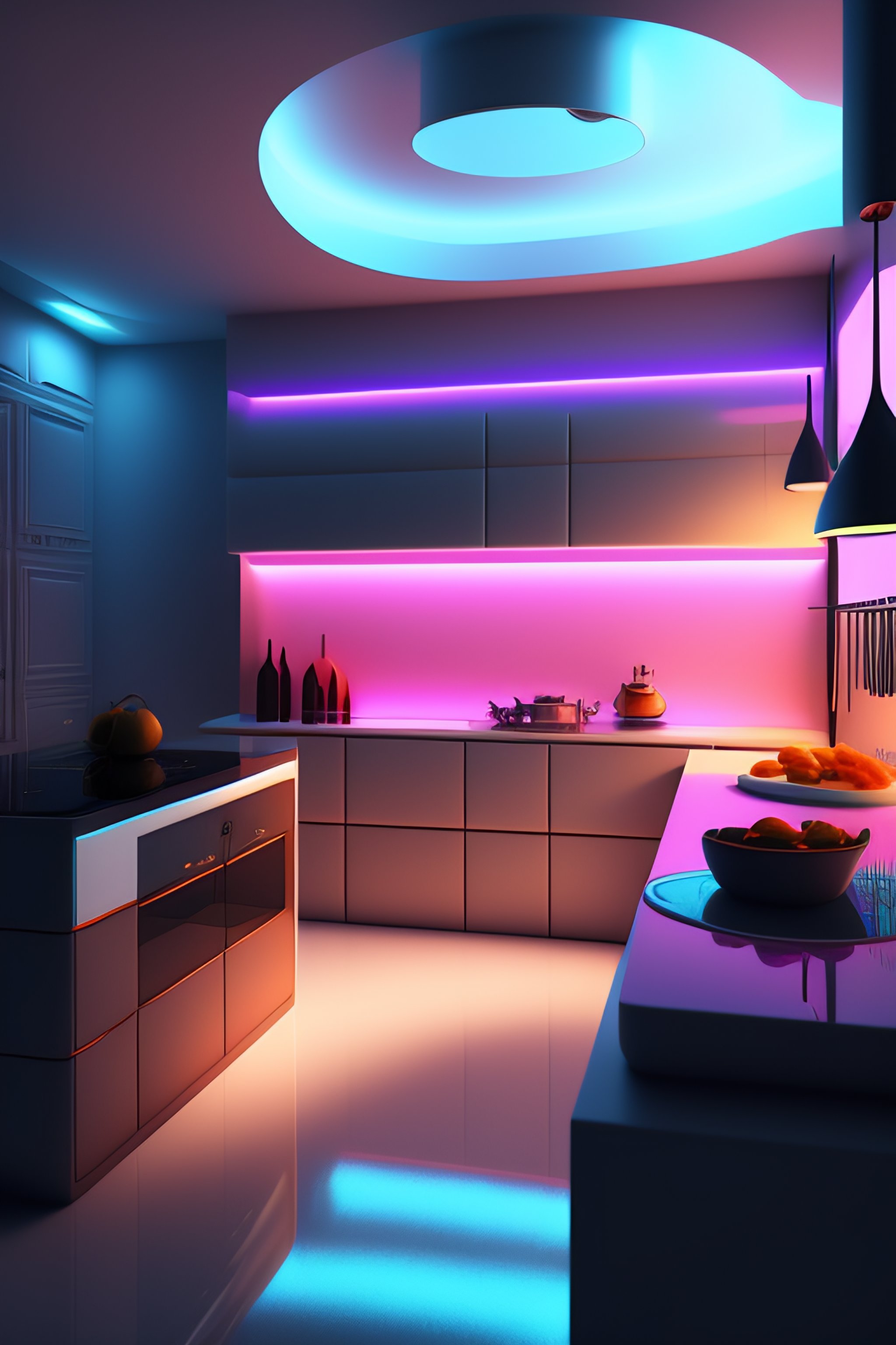 Lexica - Minimalistic cyberpunk kitchen, interior, neon, glow, zaha ...