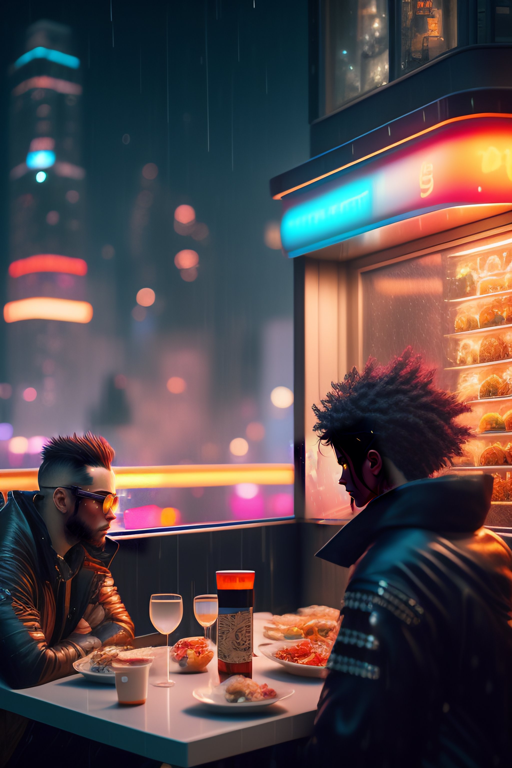 Lexica - A group of cyberpunk cyborg eating sushi on a table outside in ...