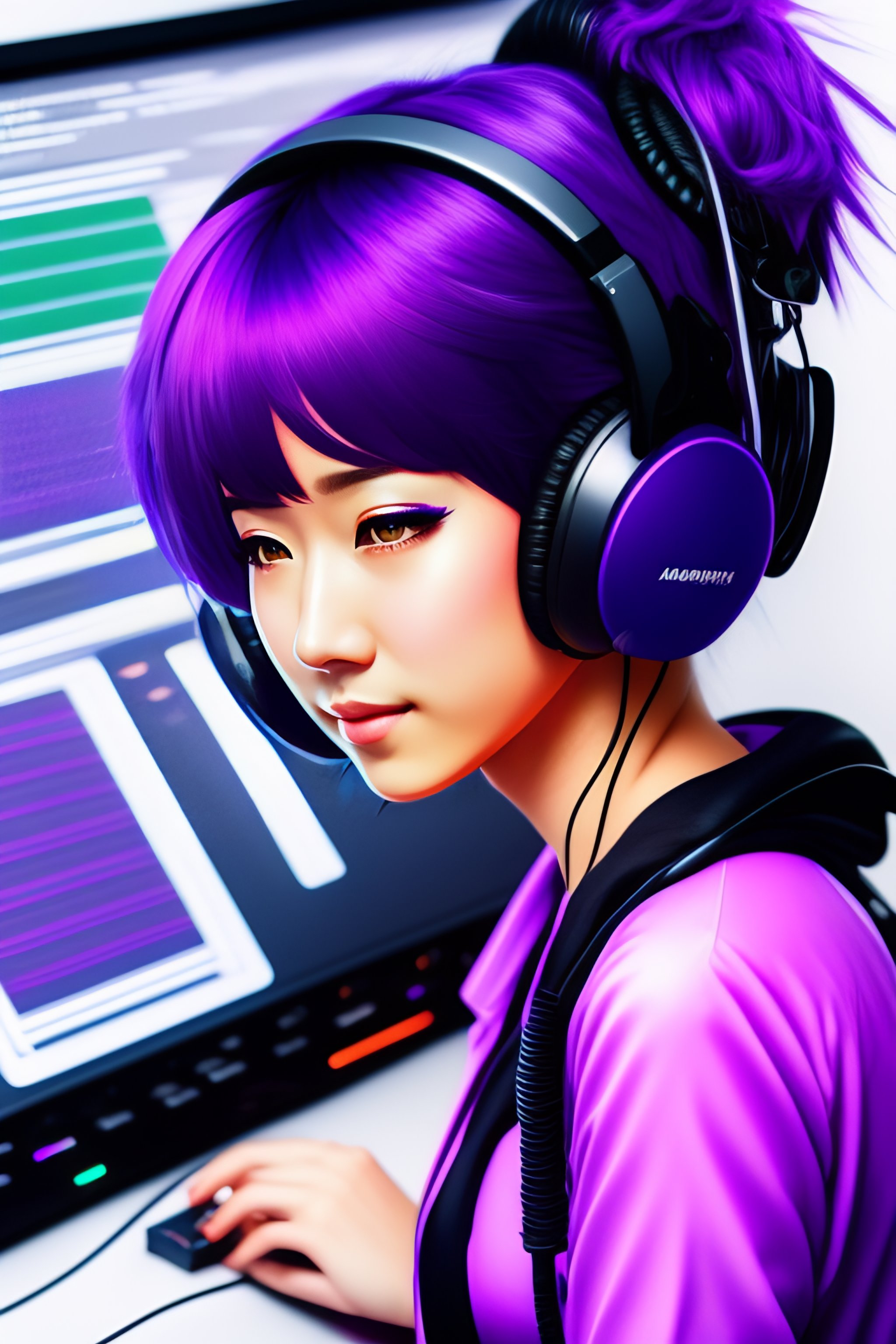Lexica - Anime girl with purple hair, programming a modular synthesizer ...