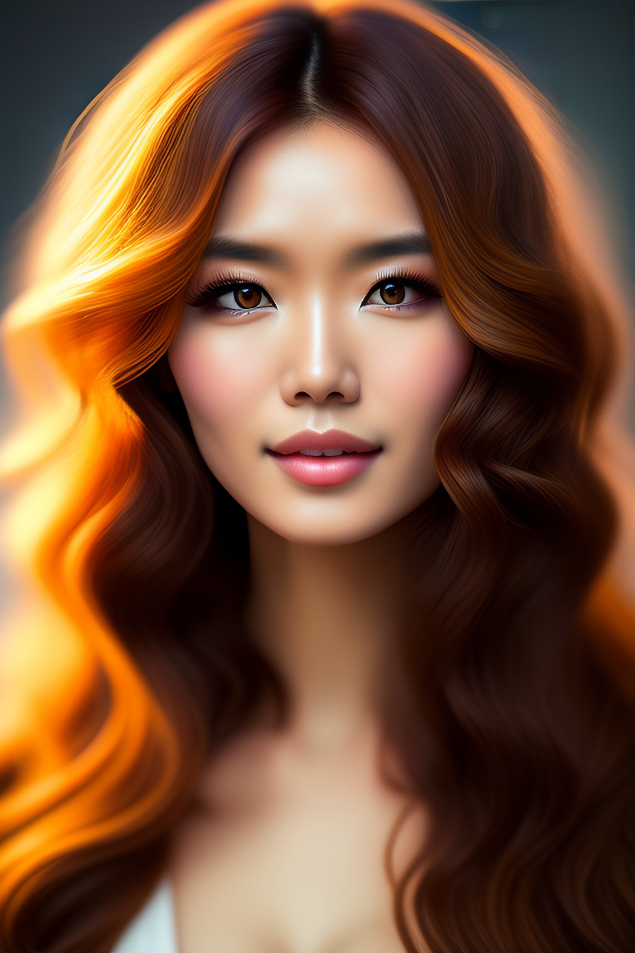 Lexica - Woman , round pretty nose , wavy long hair , , round big eyes ...