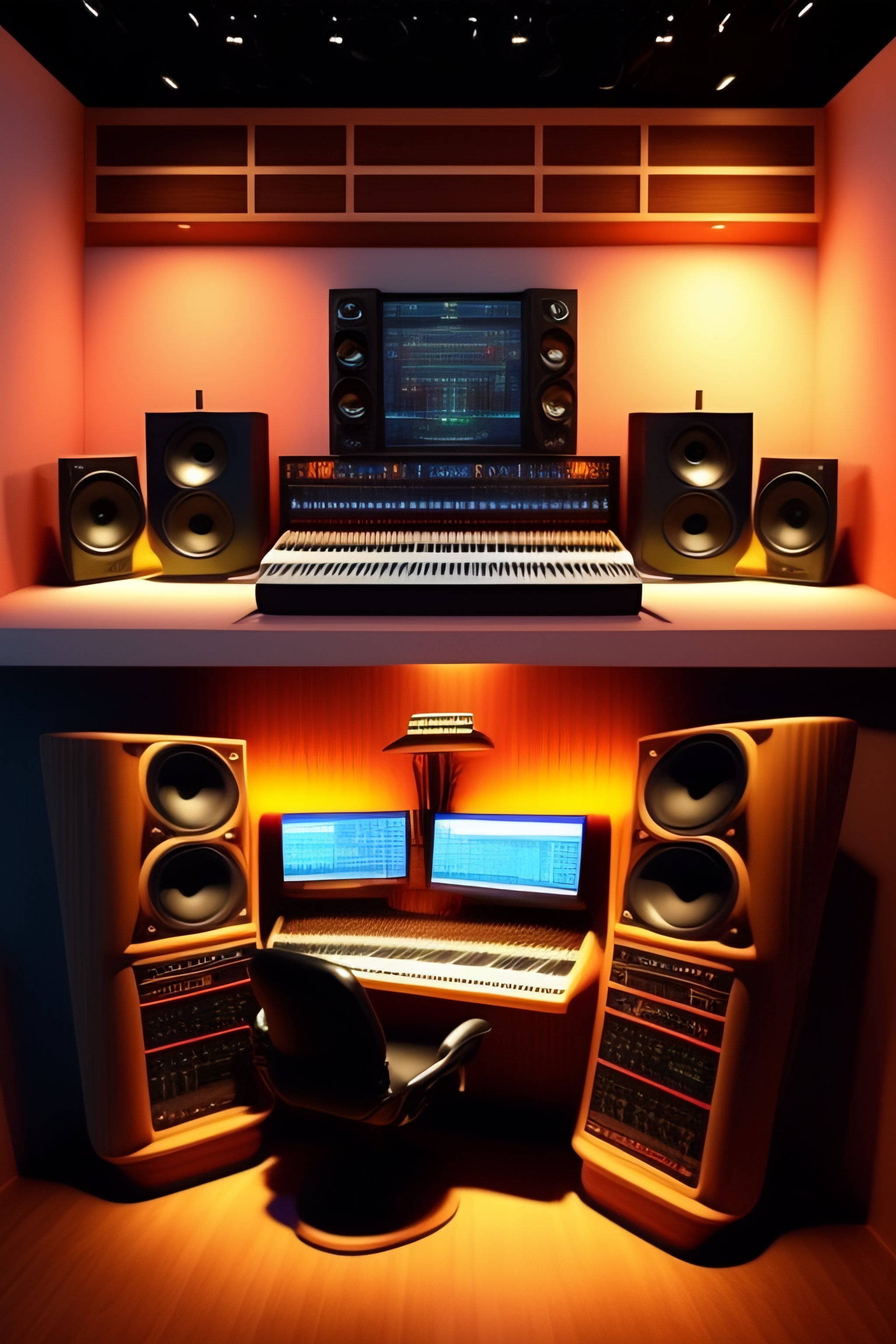 Lexica - Hip-hop music producer studio in 2030 with KMG on the wall