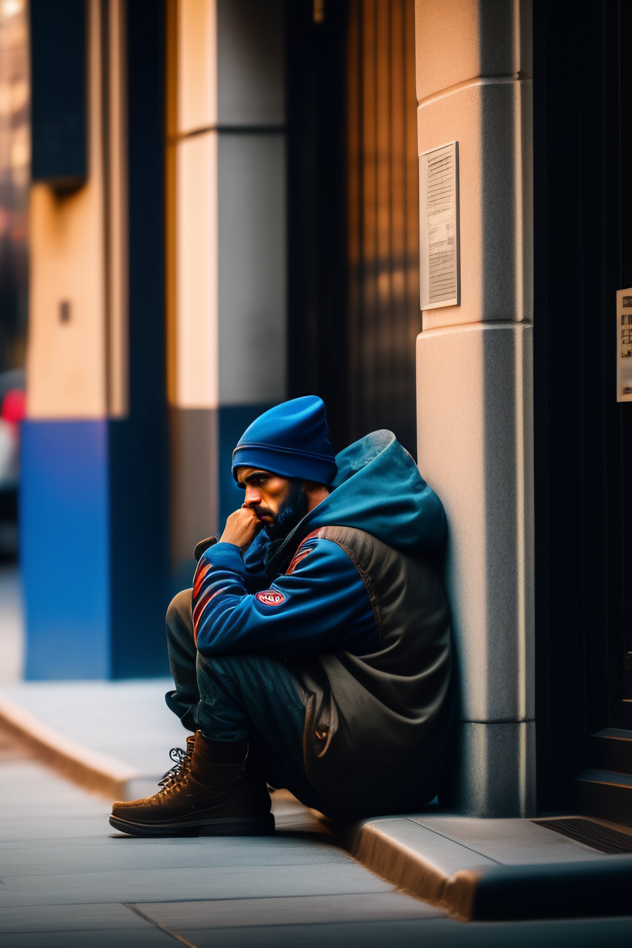 Lexica - Homeless person sitting on the street that looks like superman ...