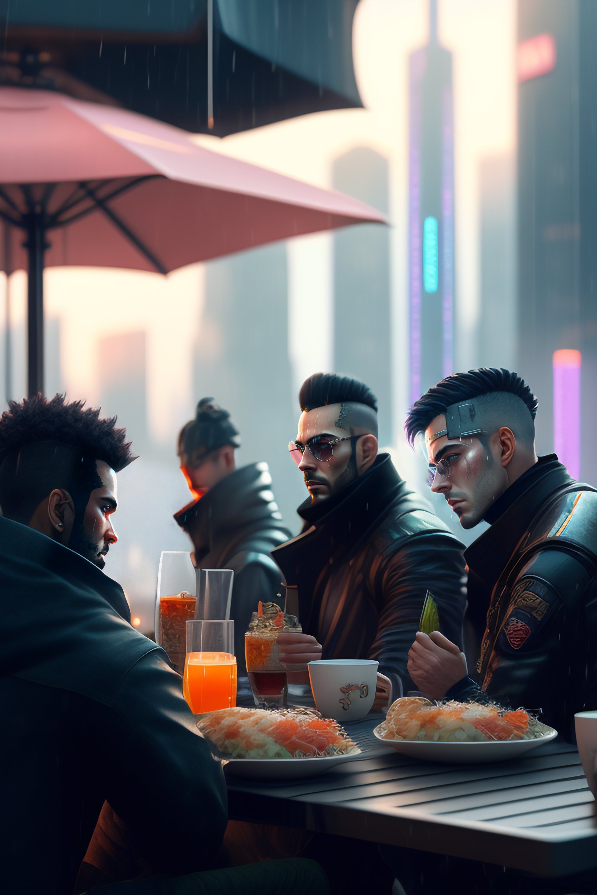 Lexica - A group of cyberpunk cyborg eating sushi on a table outside in ...