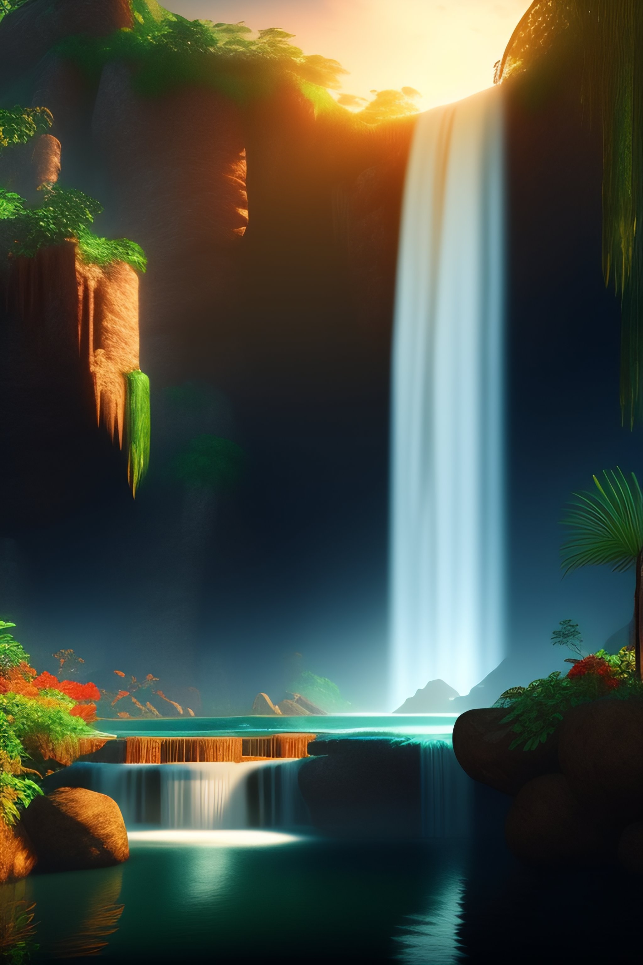 Lexica - A cinematic Aztec scene with a jungle and waterfalls ...
