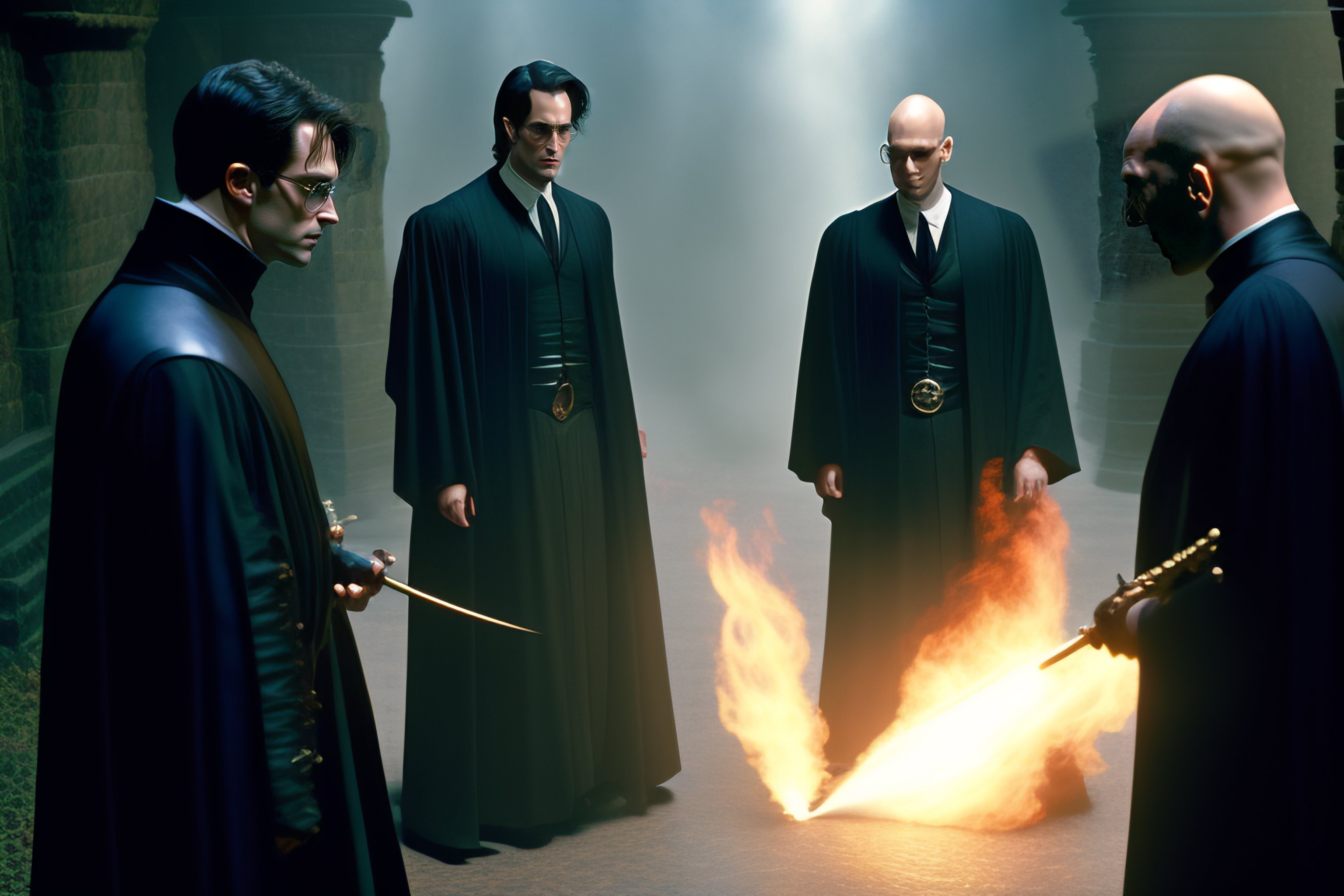 Lexica - Matrix Neo, Harry Potter, and Voldemort have a Tri wand battle.