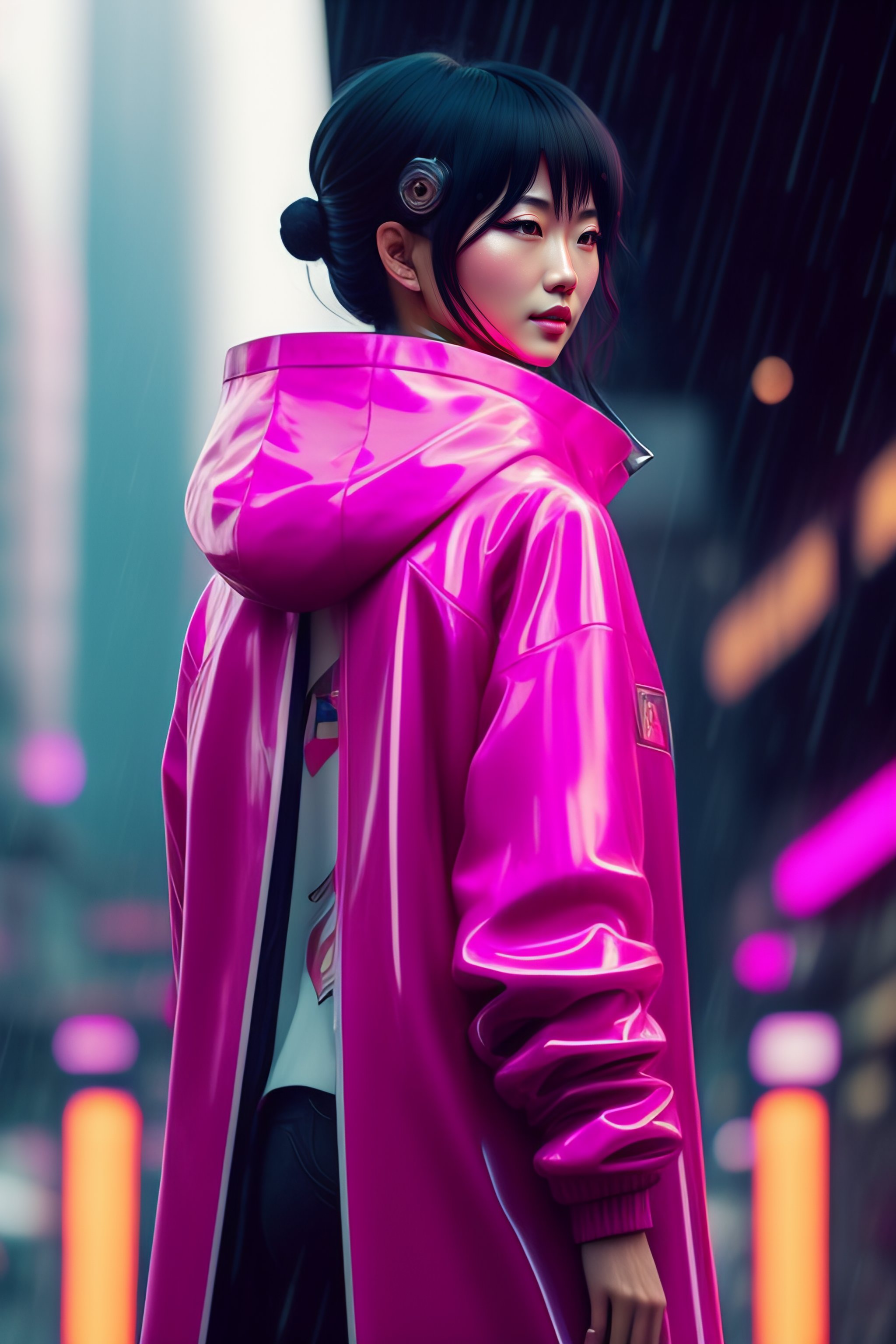 Lexica - Kaori from akira wearing a pink transparent raincoat, cyborg ...