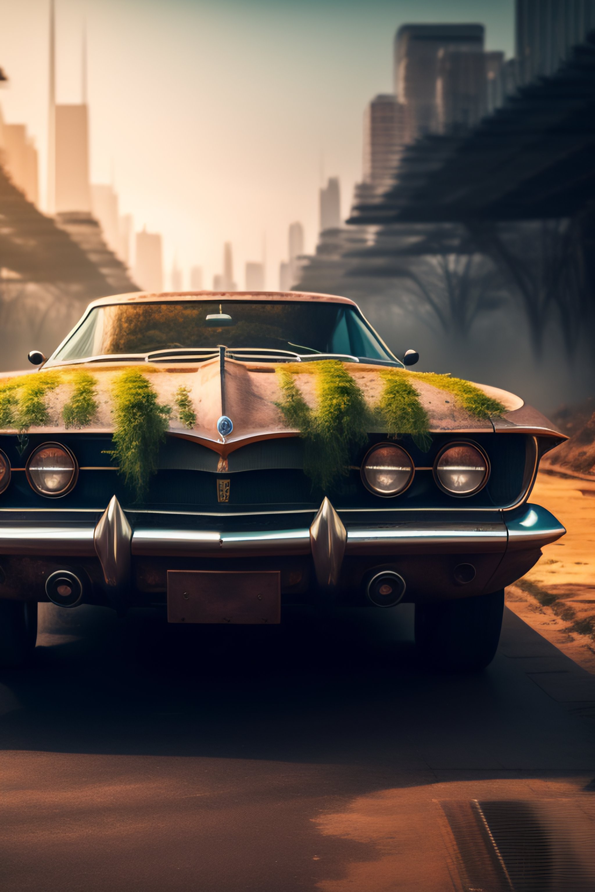 Lexica - 4k view of a car covered in vegetation with rusty body in a ...