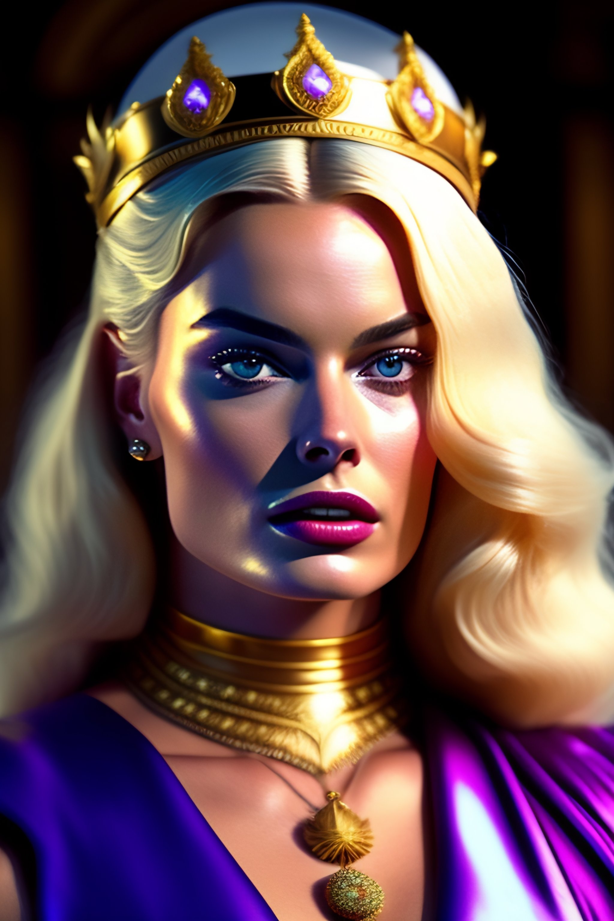 Lexica - Margot robbie is athena, purple long hair, white greek classic ...