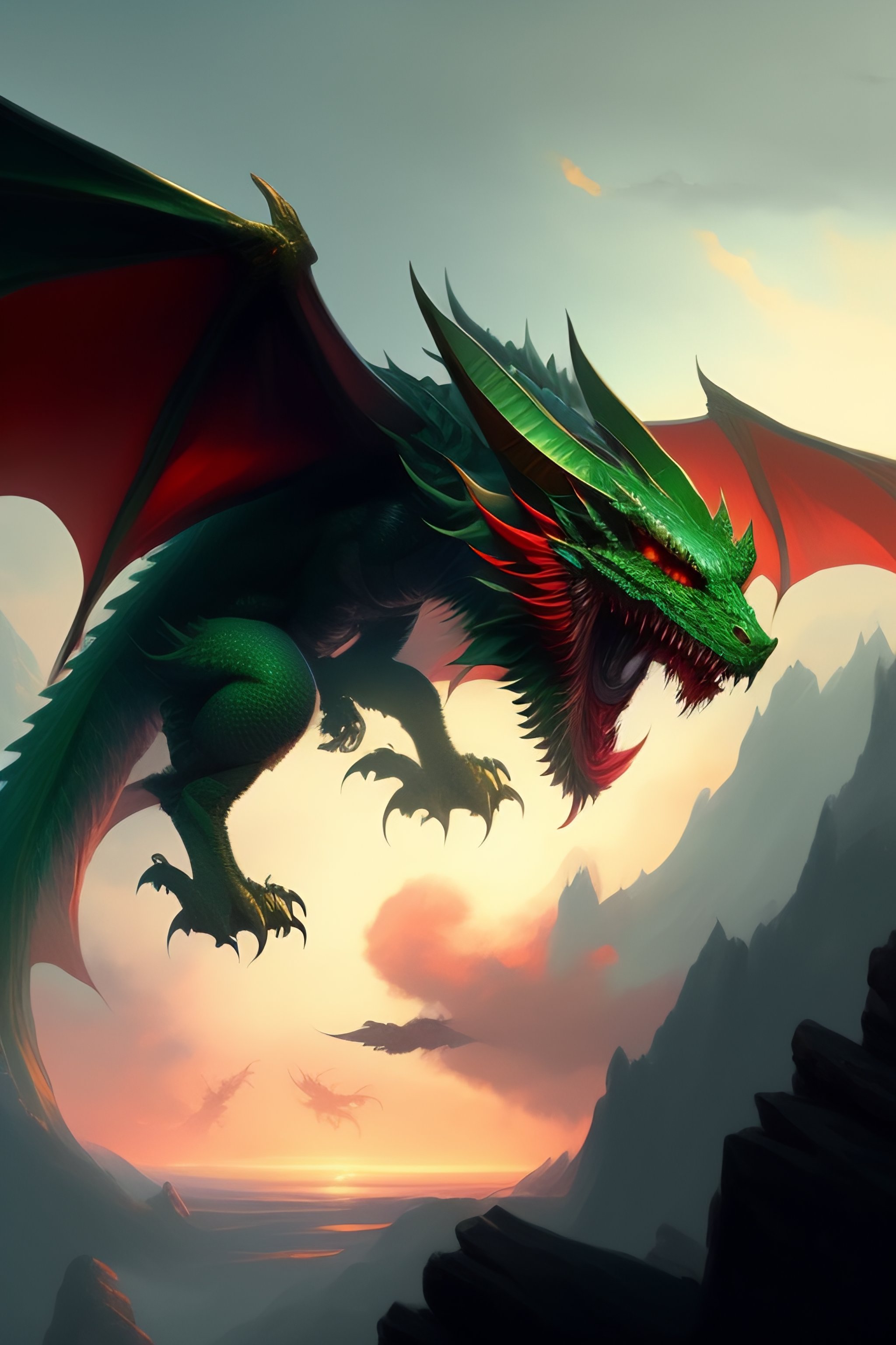 Lexica - One green dragon fighting a red dragon in the sky, by greg ...
