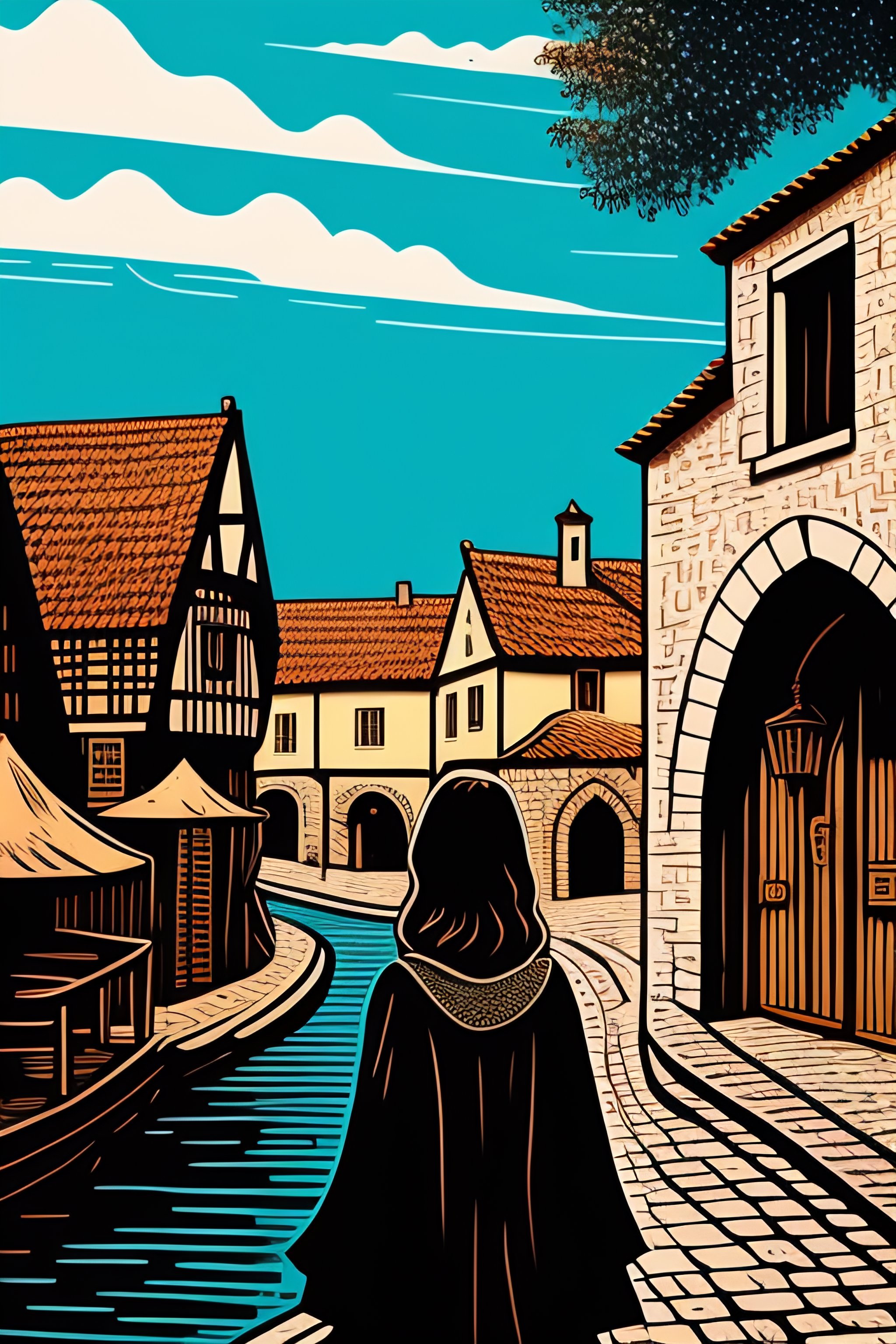 Lexica - Linocut, girl, medieval village