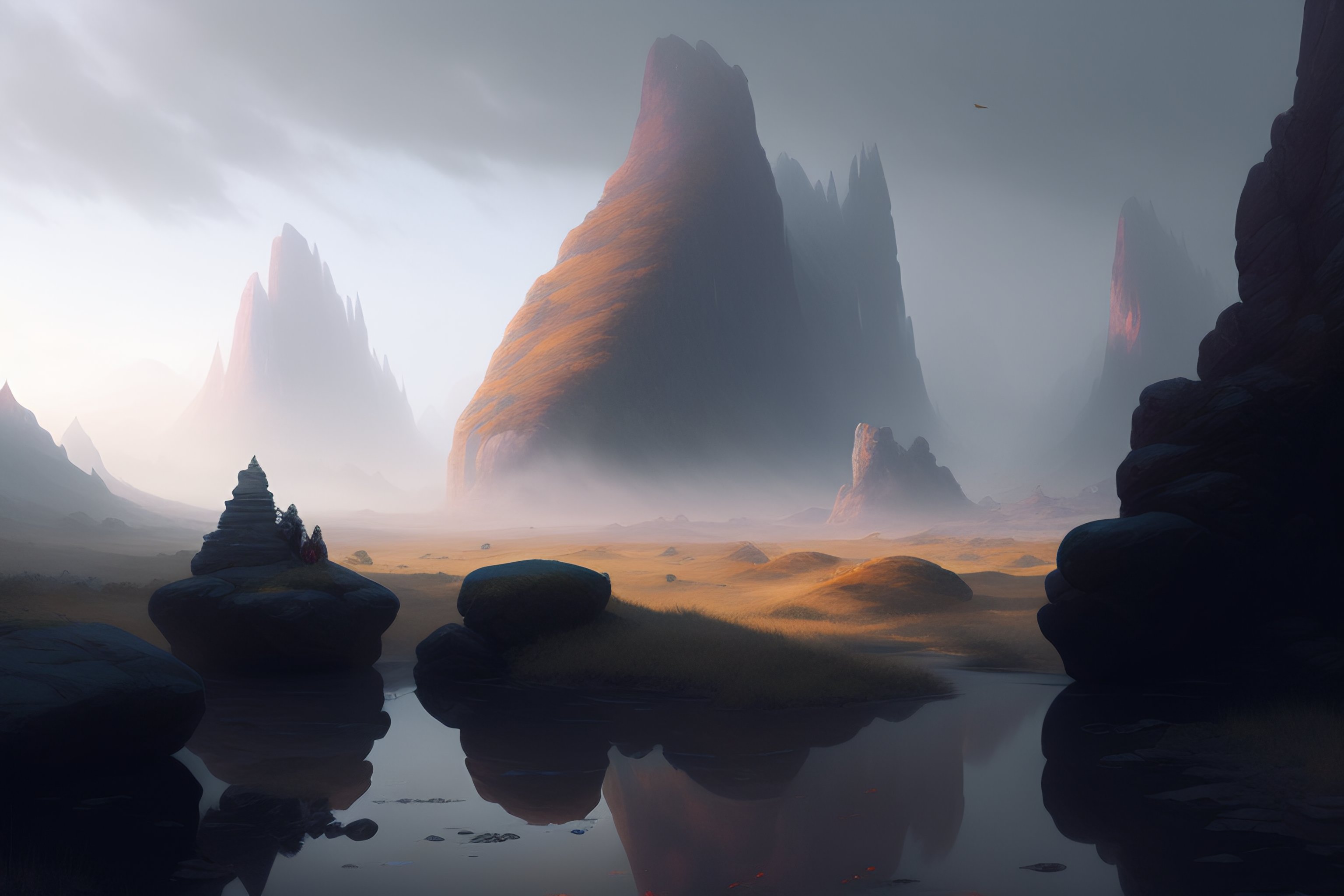 Lexica - Foggy terrain, scene, natural light, dark, complex, highly ...