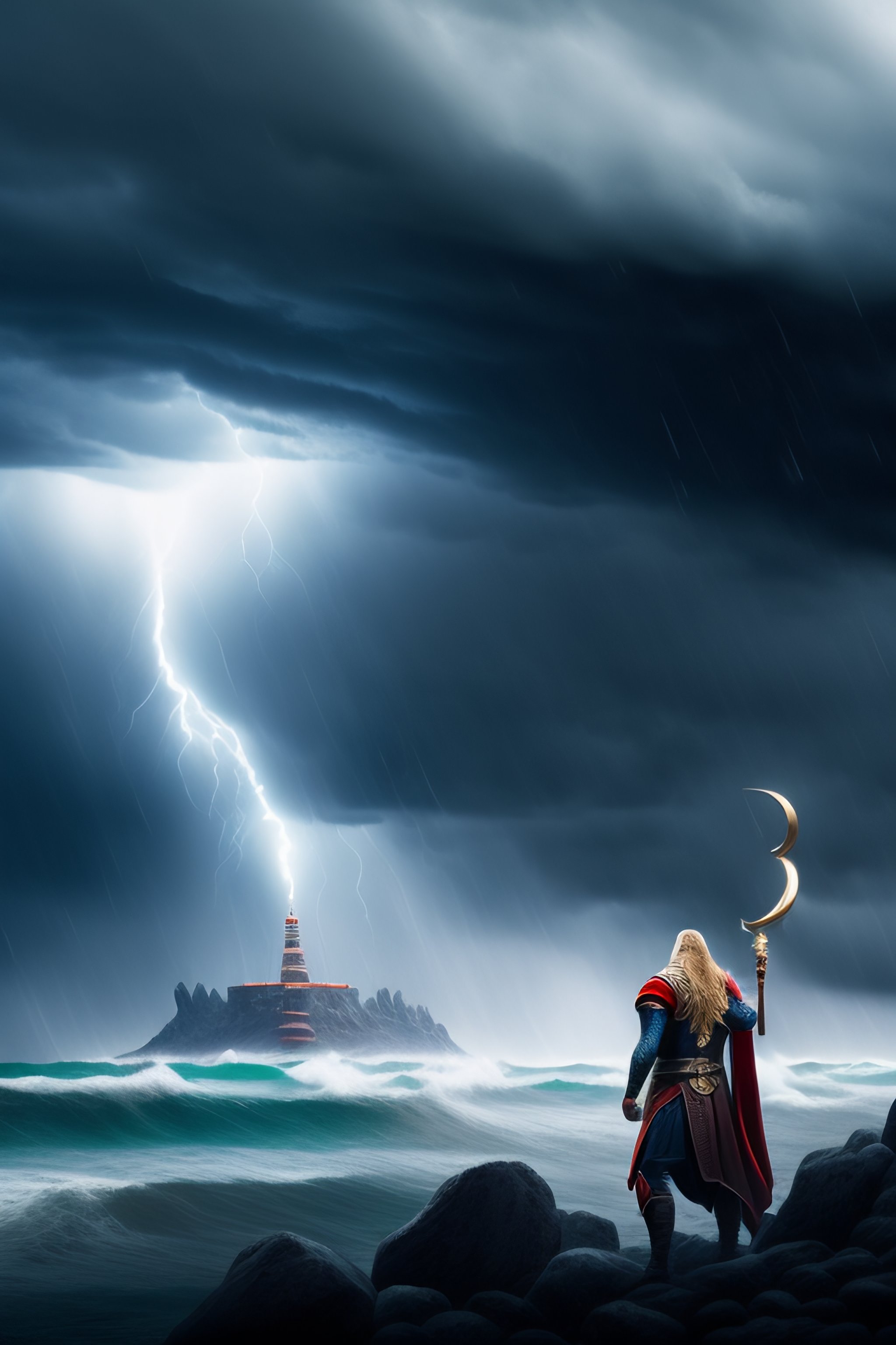 Lexica - Thor battling Odin in Asgard, thunder and heavy rain in the ...