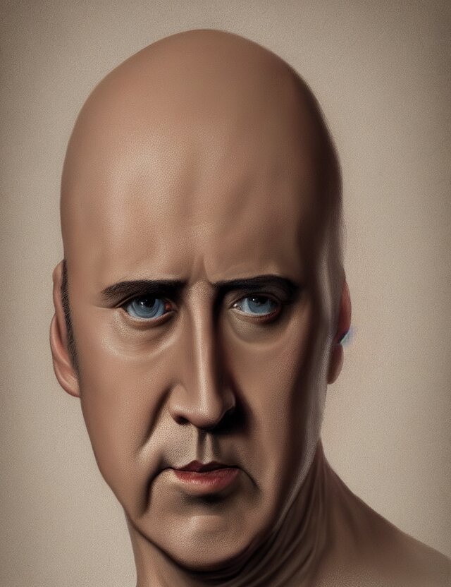 Lexica - Portrait of bald nicolas cage neutral expression face straight ...