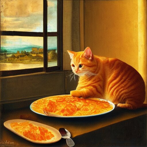 Lexica - Fat orange tabby cat eating lasagna on a table, afternoon ...