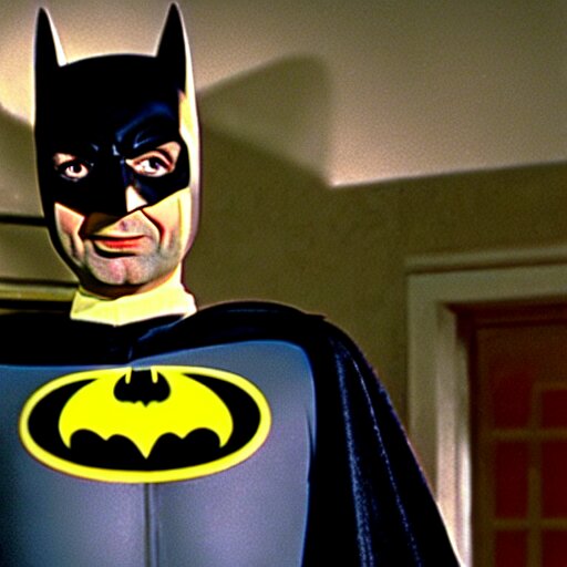 Lexica - Mr. bean as batman 1 9 6 6. movie still. cinematic lighting.