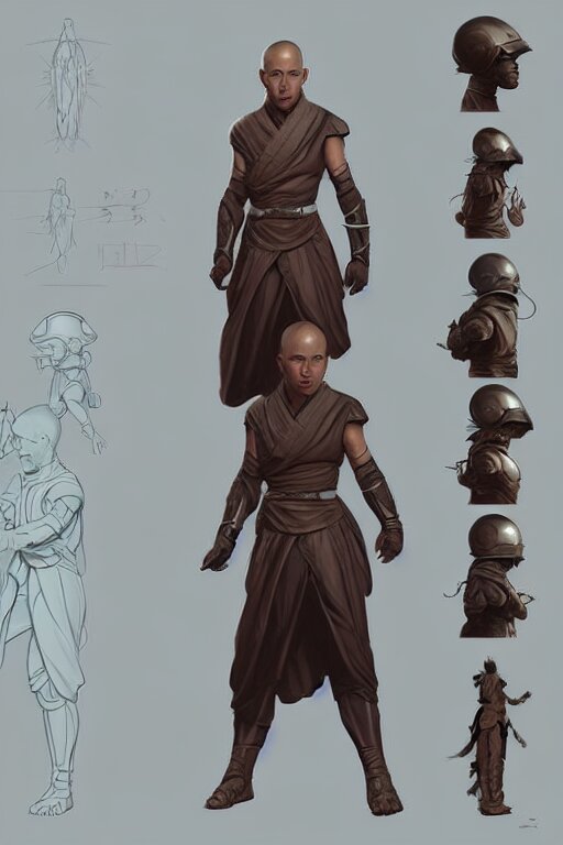 Lexica - Character sheet for a scifi monk with helmet, tai chi, martial arts robe, intricate ...