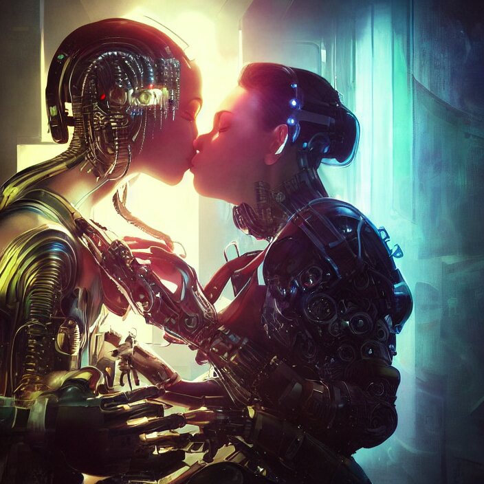 Lexica - Ultra realistic medium shot of a couple of cyborgs kissing, lovers, cyberpunk, sci - fi ...