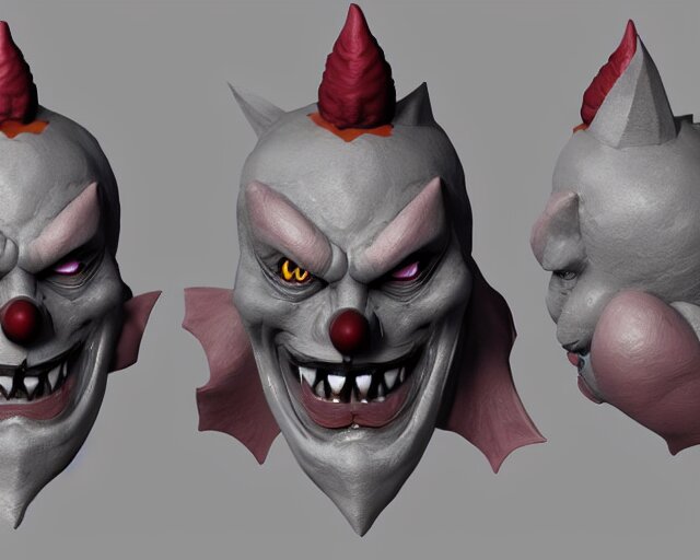 Lexica - 3d sculpt of an evil clown face with huge bat wings, skull ...