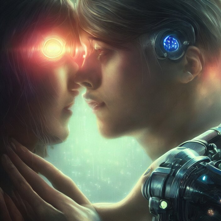Lexica - Ultra realistic medium shot of a couple of cyborgs kissing ...