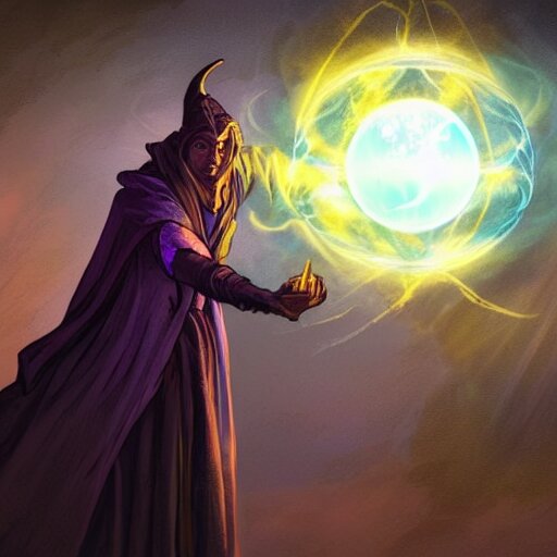 Lexica - A warlock is casting a magic spell, while magic orb is floating in his hand, the magic ...
