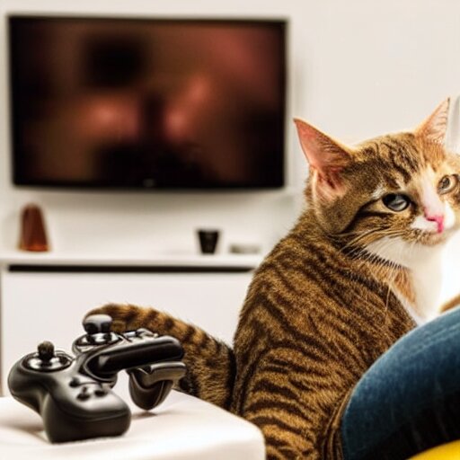 Lexica - A cute cat playing video games while sitting on a couch