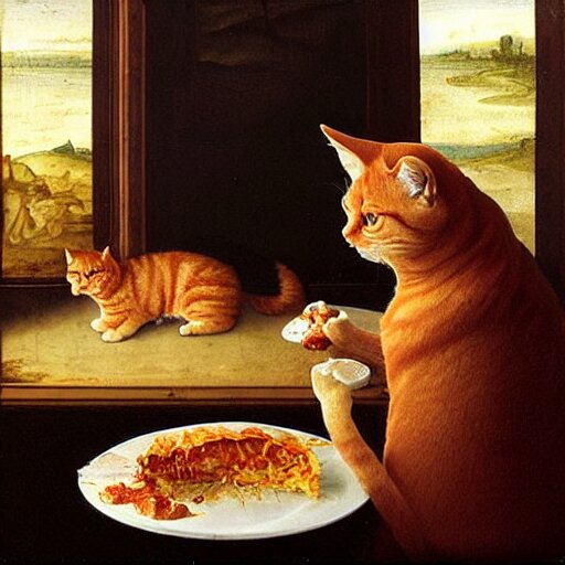 Lexica - Fat orange tabby cat eating lasagna on a table, afternoon ...