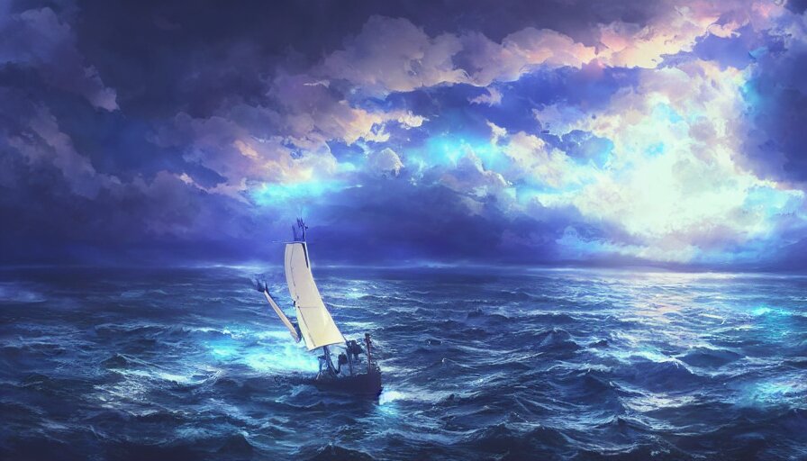 Lexica - One piece ship sailing, dark blue stormy ksy, sun sunset, with ...