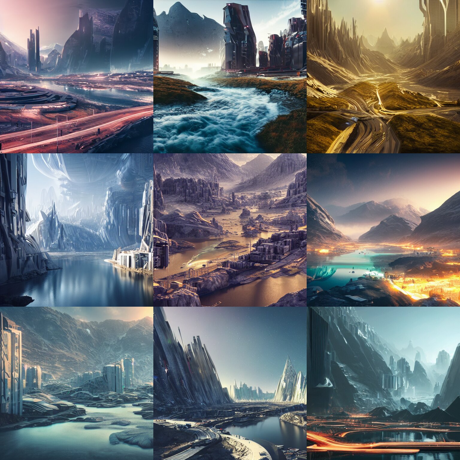 Lexica - Beautiful future city on a tundra amid mountains with a river ...