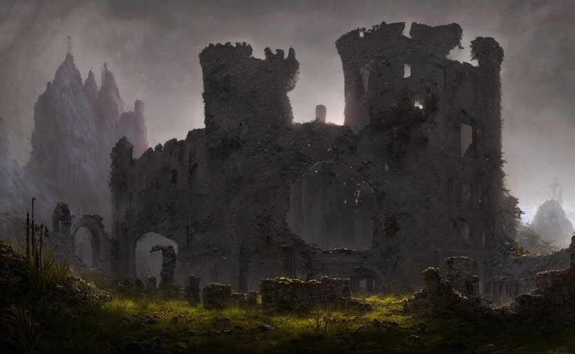 Lexica - Ruins of an old castle covered by plants with moody and ...