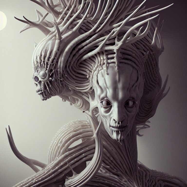 Lexica - Surreal baroque portrait of ribbed white alien god covered ...