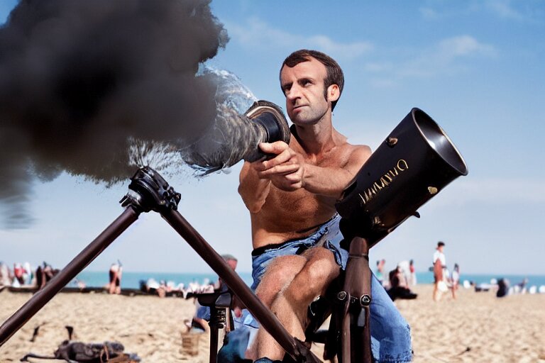 Lexica - Closeup portrait of emmanuel macron firing a cannon at england ...