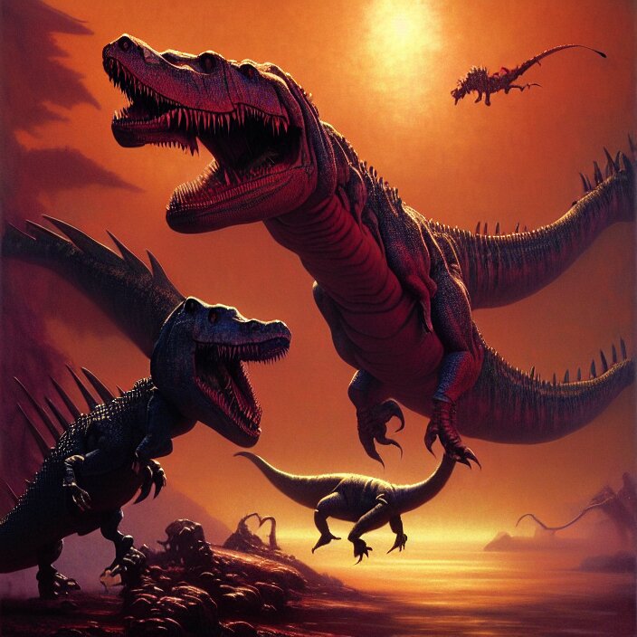 Lexica - Cinematic poster of t rex fighting a spinosaurus, dark fantasy ...