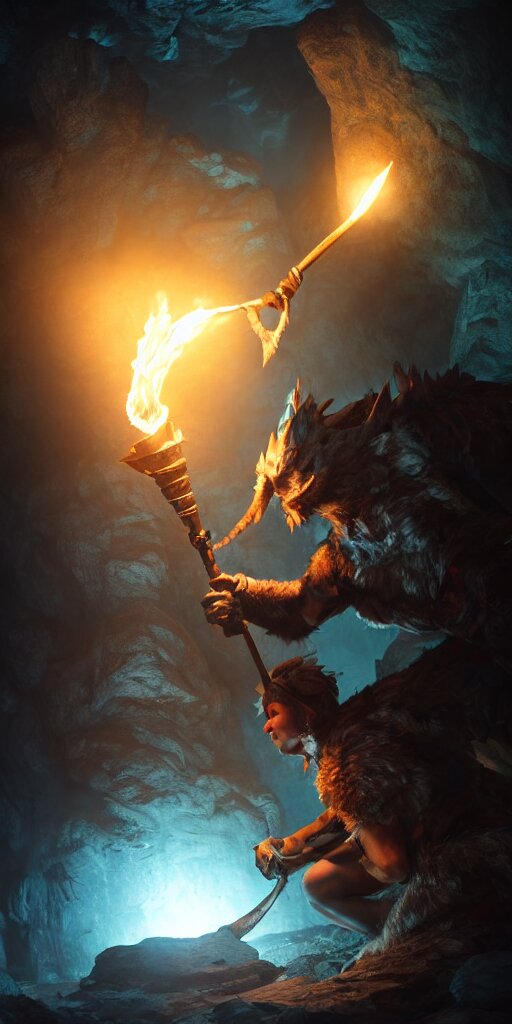 Lexica - A epic hero adventurer holding a torch in a dark cave, fantsy ...