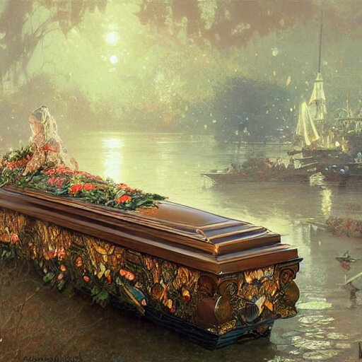 Lexica - An elaborate floating coffin, evening, fantasy, regal ...