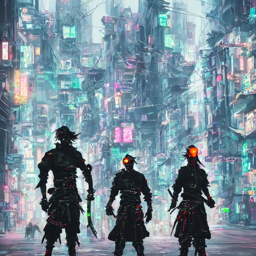 Lexica - Slow shutter speed photo of a cyberpunk samurai with neon ...