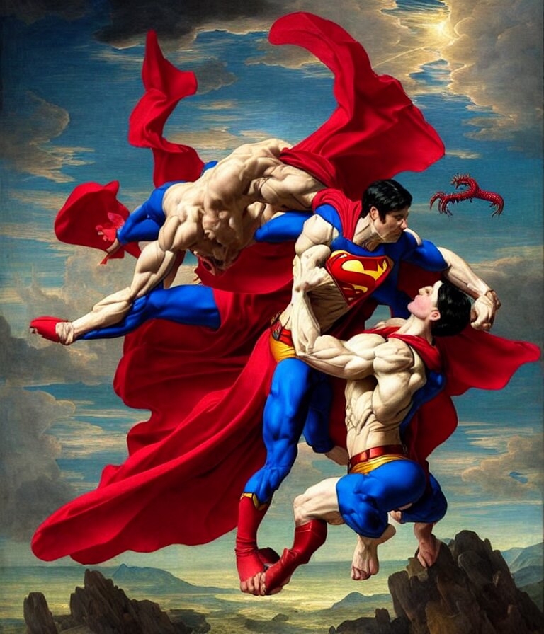 Lexica - Renaissance painting of aggressive evil superman strangling a ...